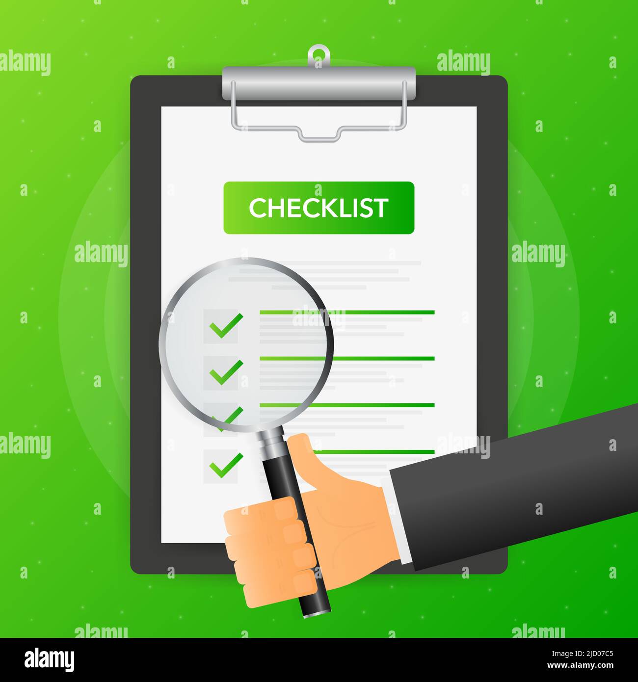 Hand holds magnifying glass over tablet with checklist on green ...