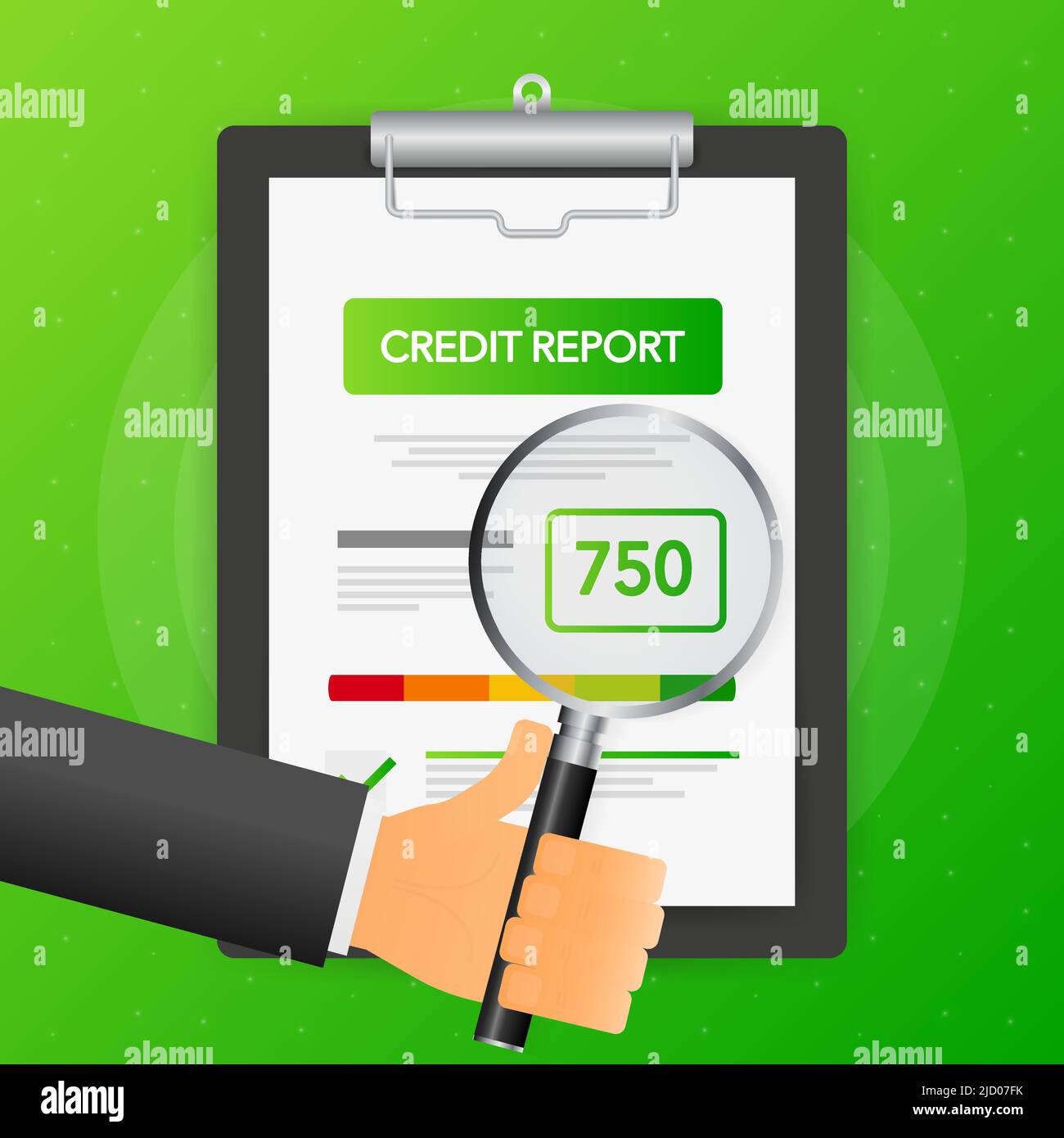 Hand holds magnifying glass over tablet with credit score on green ...