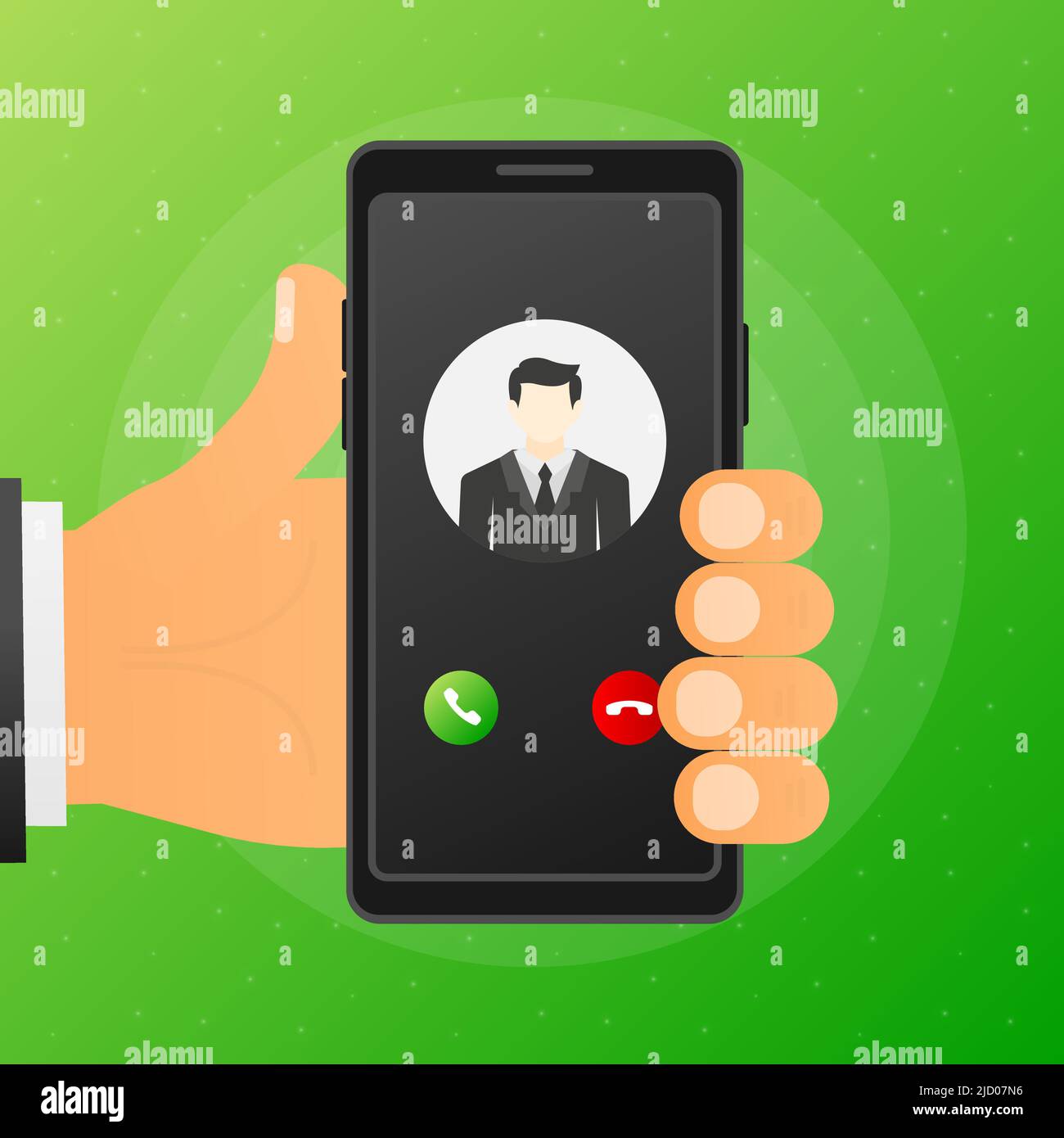 Hand holds phone with call Incoming video call on screen on green ...