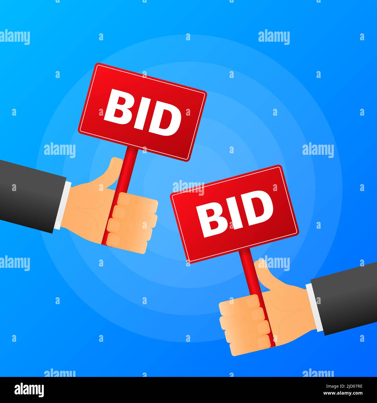 Hand holds BID realistic red table on blue background. Vector ...