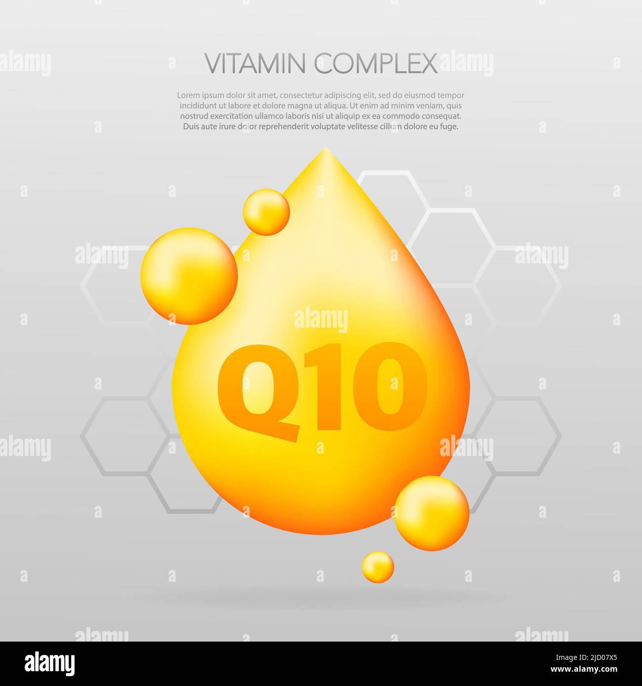 Vitamin complex Q10 with realistic drop on gray background. Particles ...