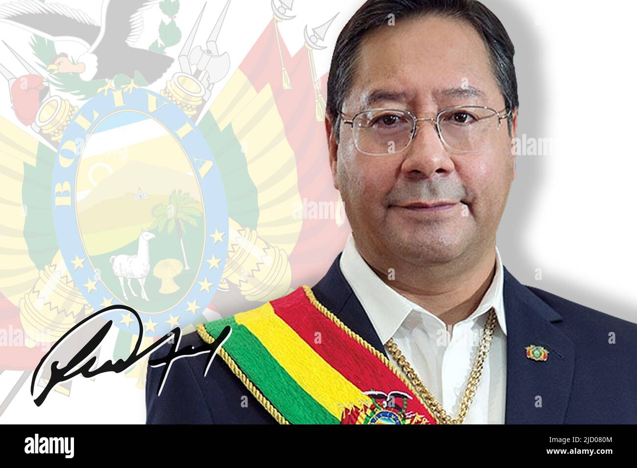 Luis Arce, coat of arms of Bolivia and signature Stock Photo - Alamy