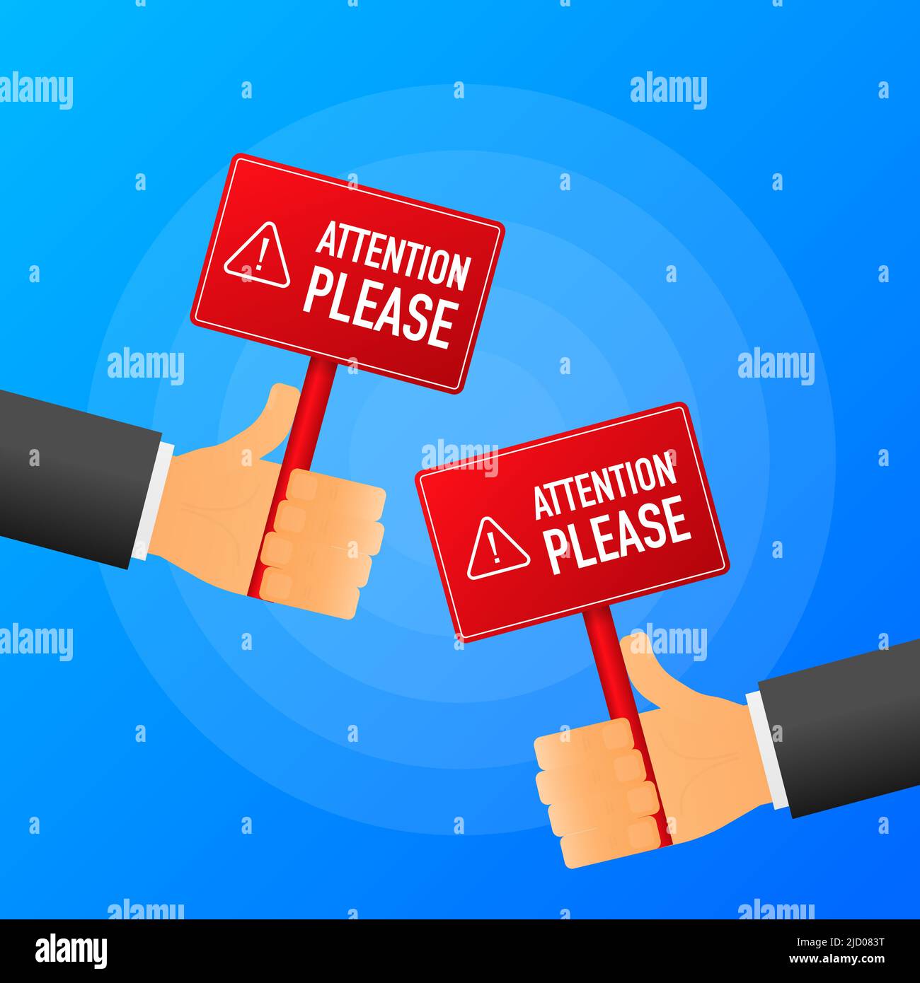 Hand holds Attention please realistic red table on blue background ...