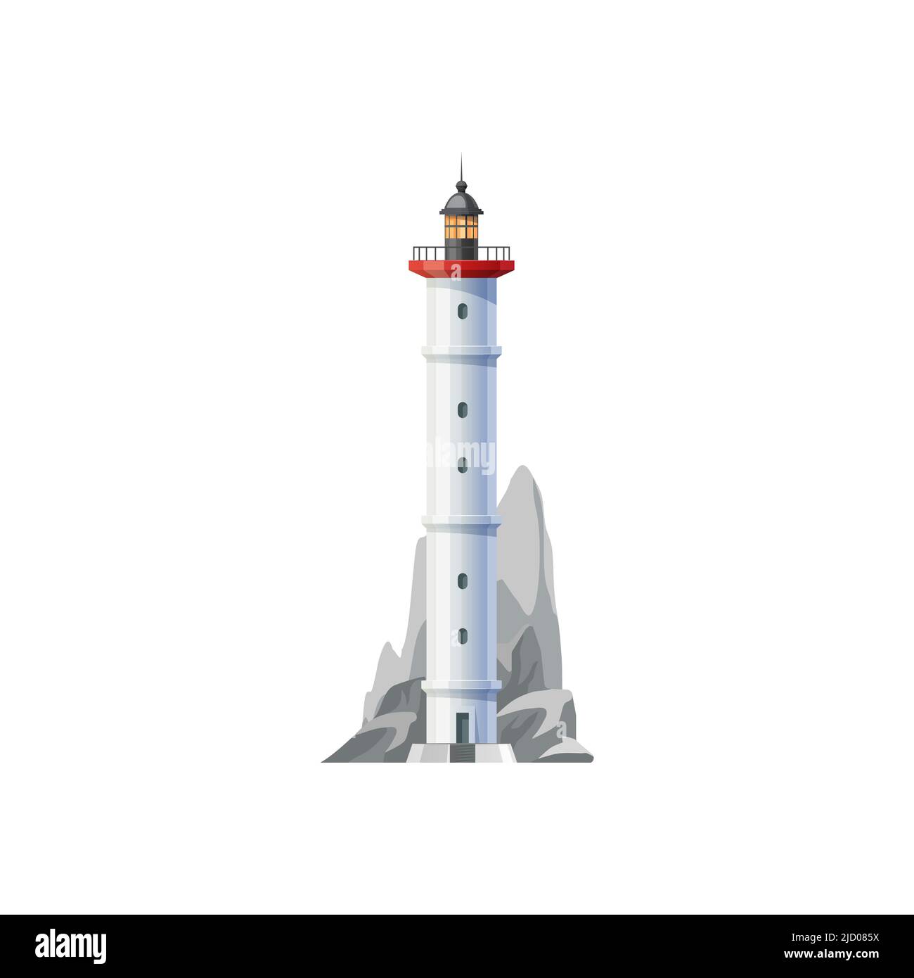 White sea lighthouse icon. Navigational lighthouse tower, retro coastal ...
