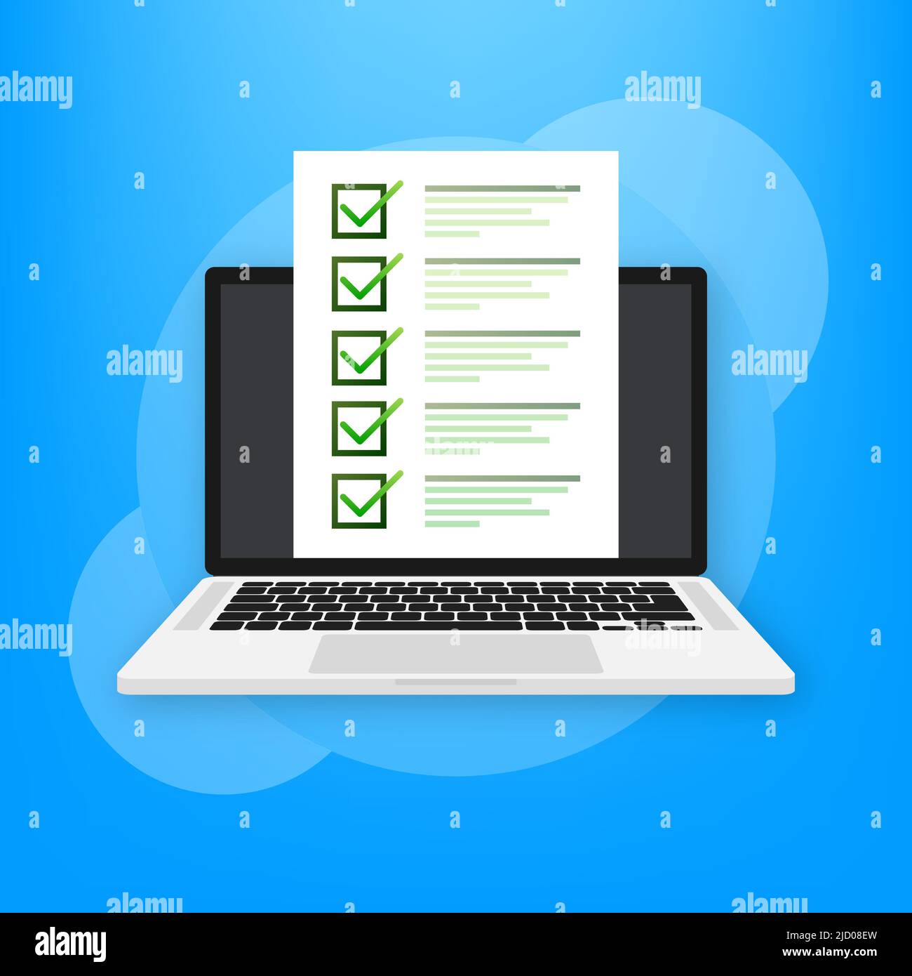 Laptop with online exam on green background. Vector illustration Stock ...