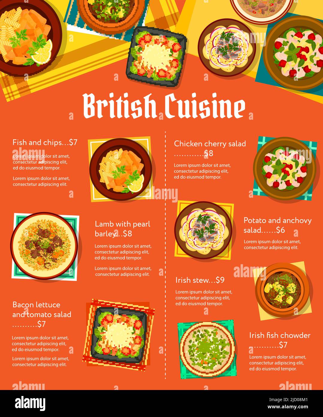 British cuisine menu template. Kidney soup, fish with chips and salad ...