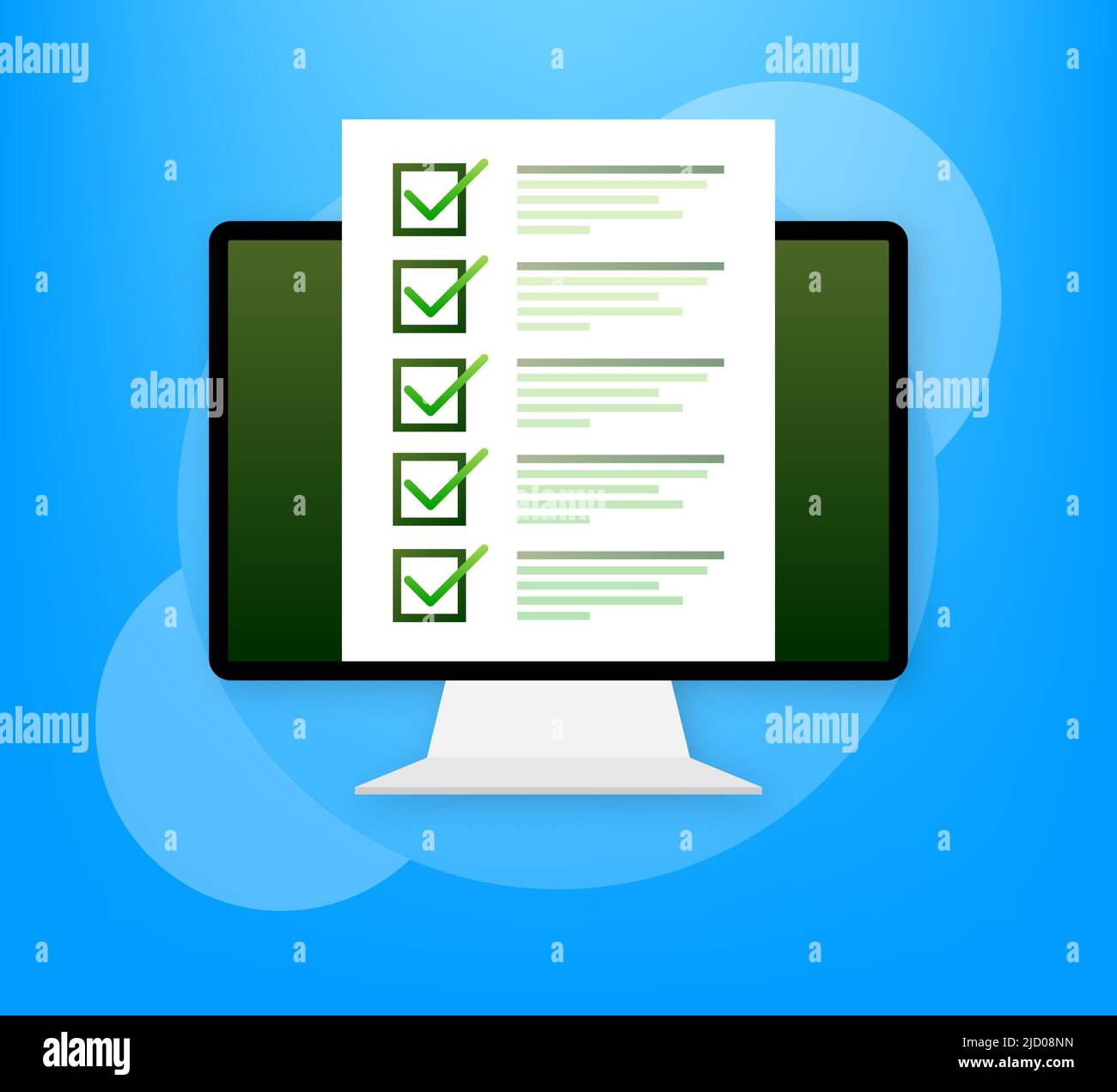 Computer with online exam on green background. Vector illustration ...