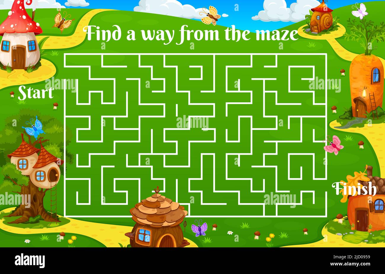 Labyrinth maze with carrot, acorn and snail, mushroom and nest, vector ...