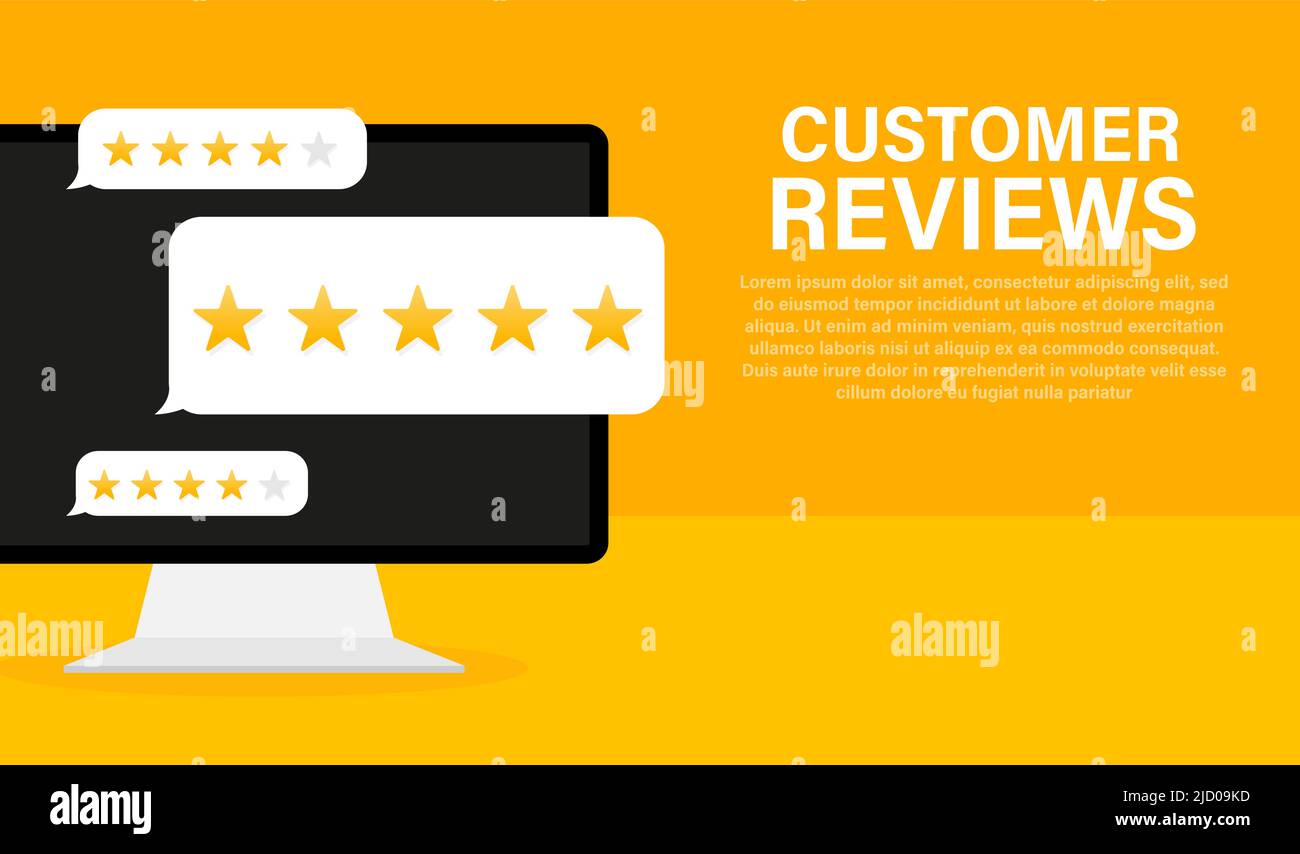 Customer review with gold star icon in laptop screen. Vector ...