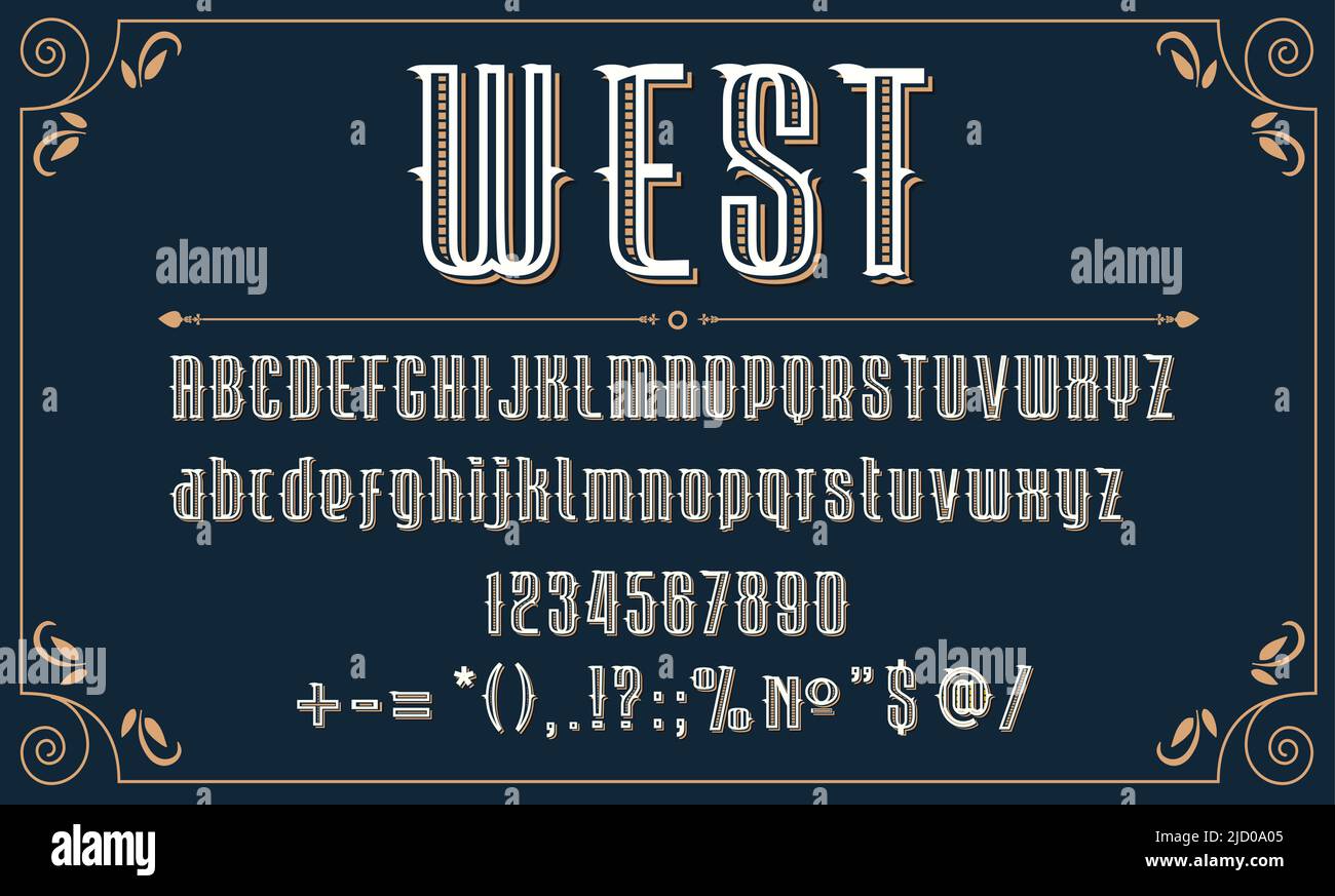 Western retro front, Wild West vintage type alphabet, vector old ...