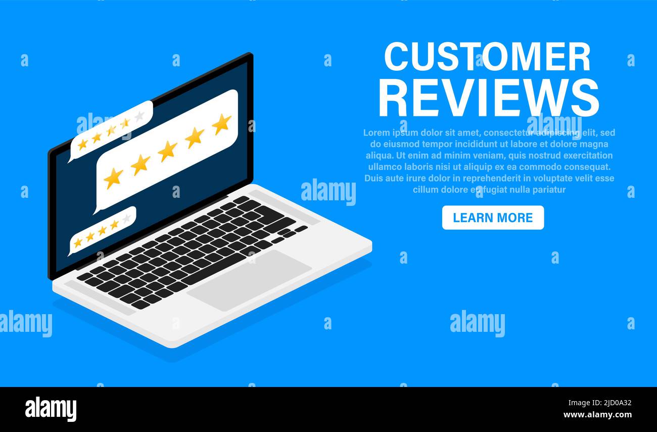 Customer review with gold star icon in laptop screen. Vector ...