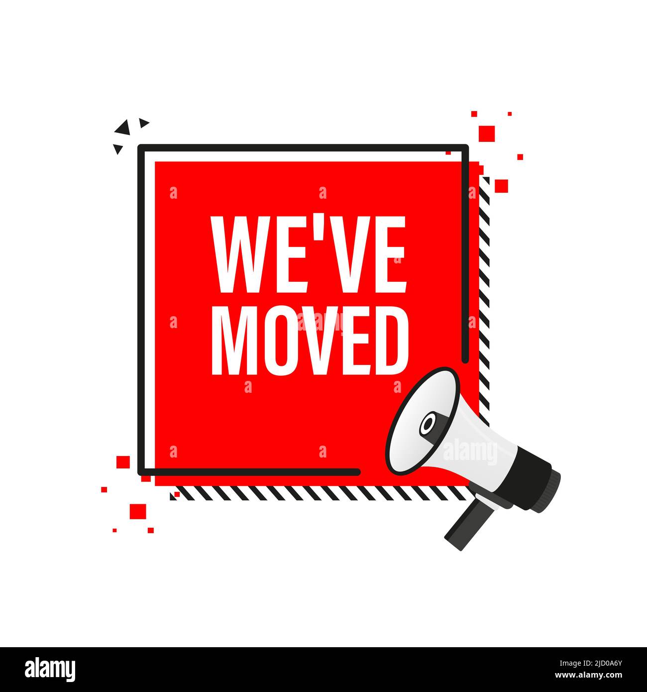 We have moved megaphone red banner in 3D style on white background ...