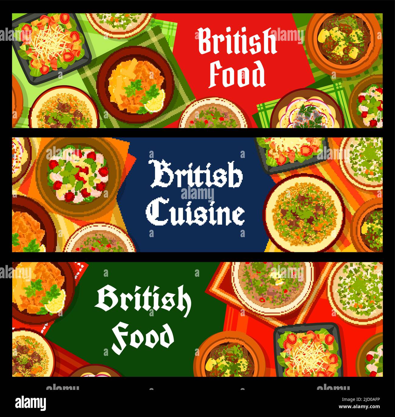 British cuisine banners. Potato and anchovy salad, chicken cherry salad ...