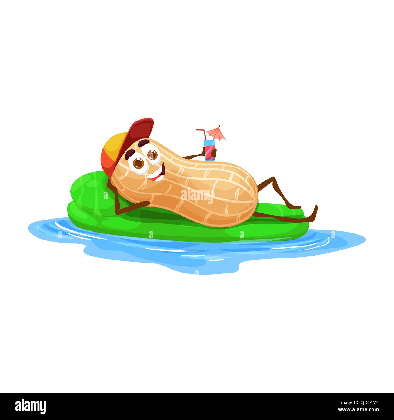 Funny peanut character on air mattress. Cartoon vector nut relax on ...