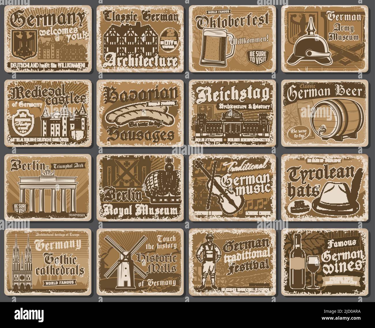 Germany landmarks and travel sightseeing grunge signs, German culture ...