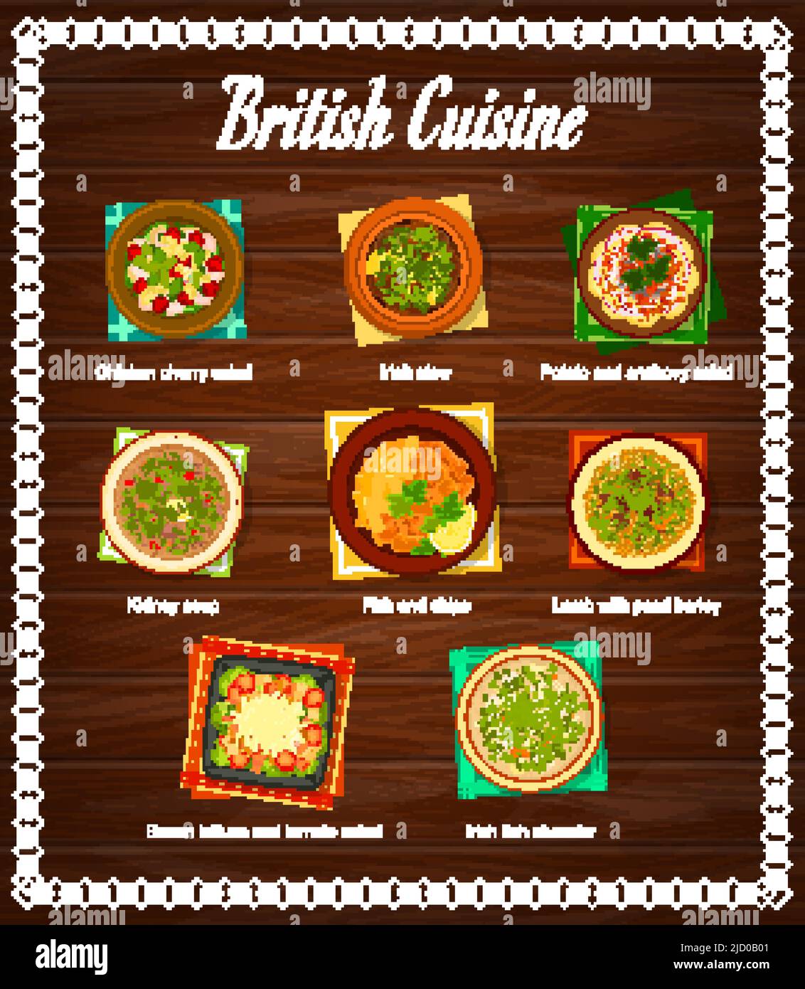 British cuisine menu page. Chicken cherry salad, Irish stew, potato and ...