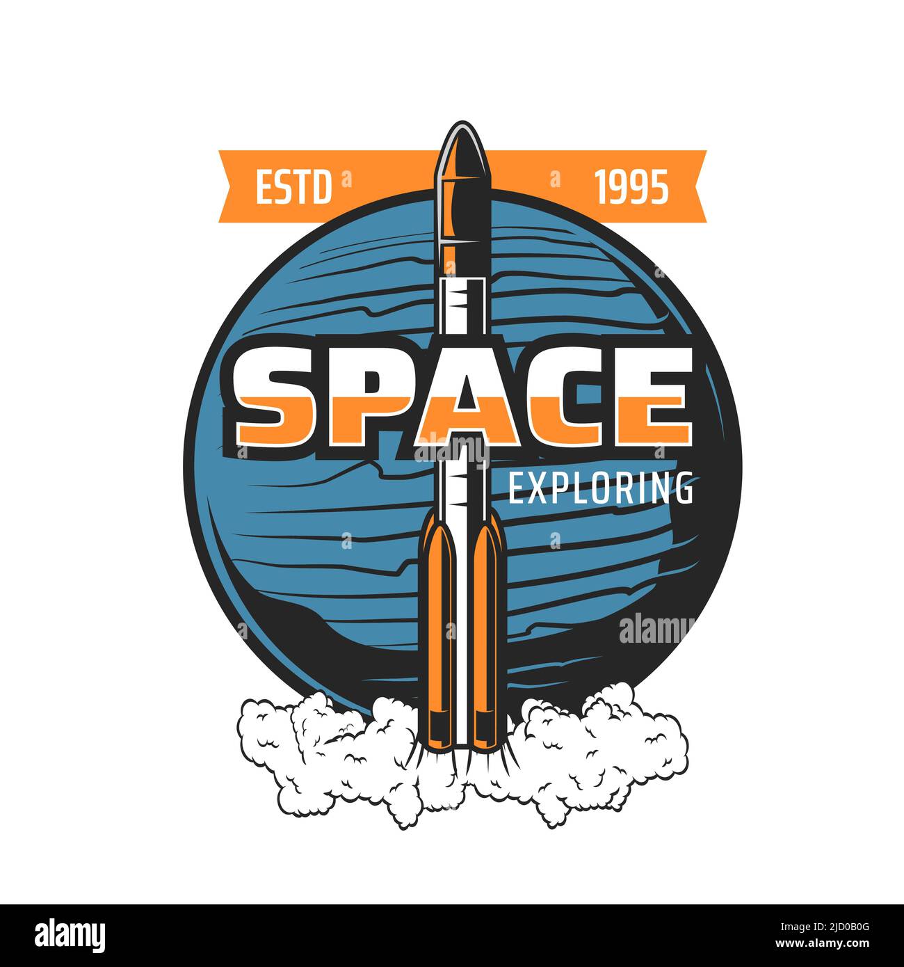 Space exploring icon, rocket spaceflight and galaxy spaceship launch ...