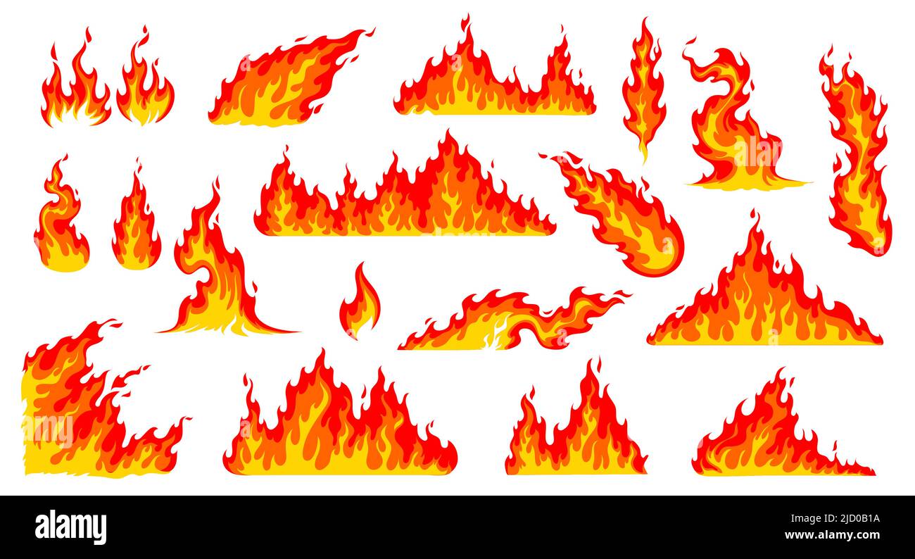 Cartoon fire flames, bonfire and burning wildfire or firewall, vector ...