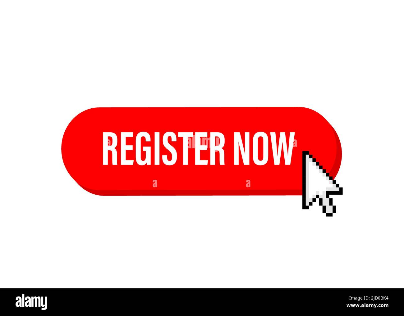 Red register now label in modern style on white background. Banner promotion. Click button ...