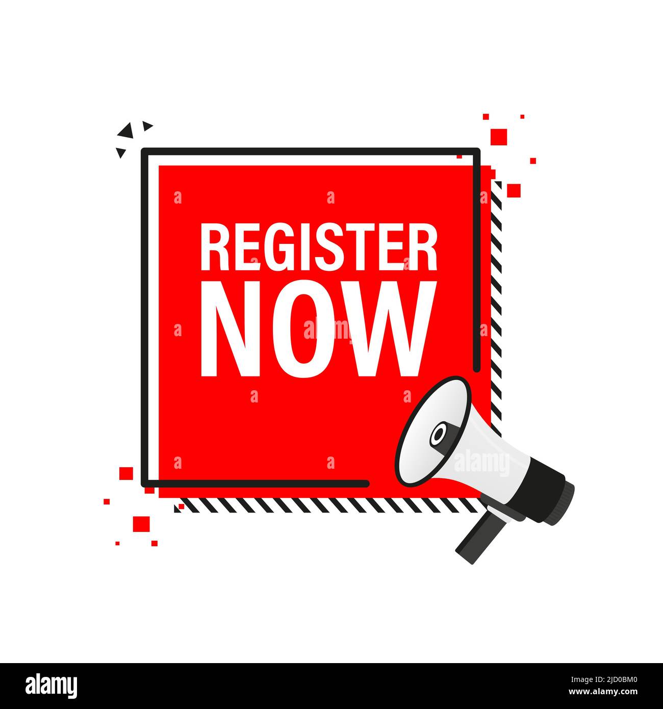 Red register now label in modern style on white background. Banner promotion. Click button ...