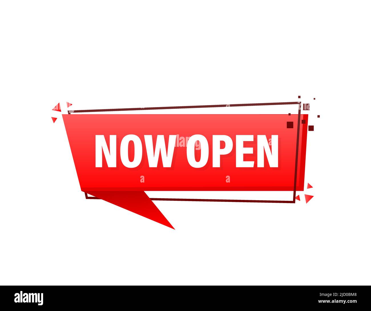 Vector now open red banner. Label with text in flat style. Vector ...