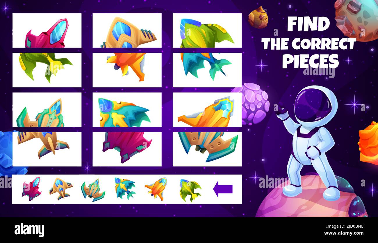 Help to astronaut find a pieces of starship, kids game worksheet ...