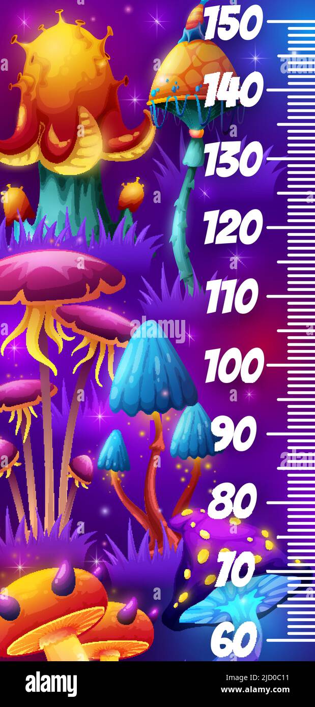 Magic mushrooms in fairy forest kids height chart. Vector growth ...