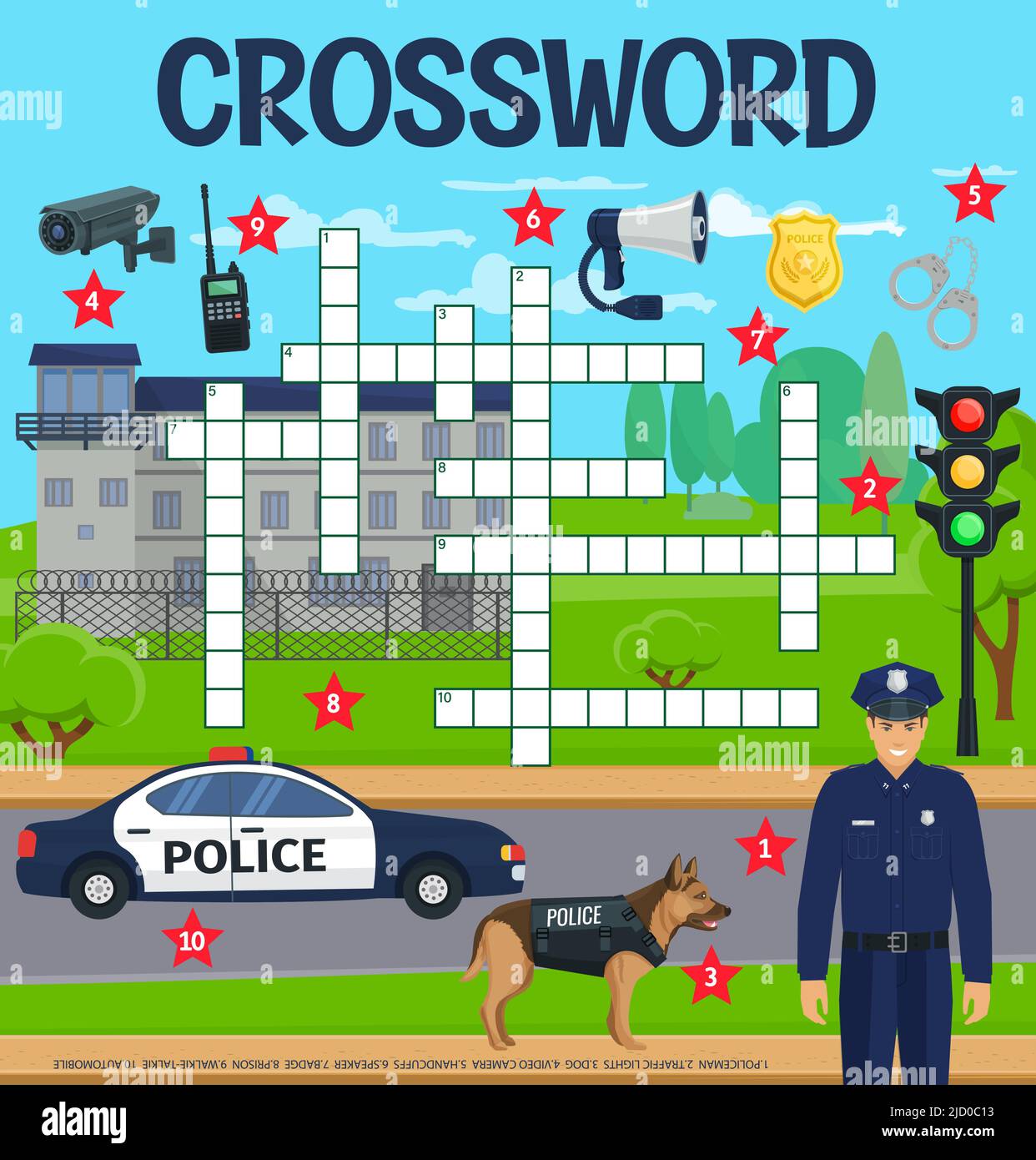 Police, law or policeman, crossword grid worksheet, find word quiz ...