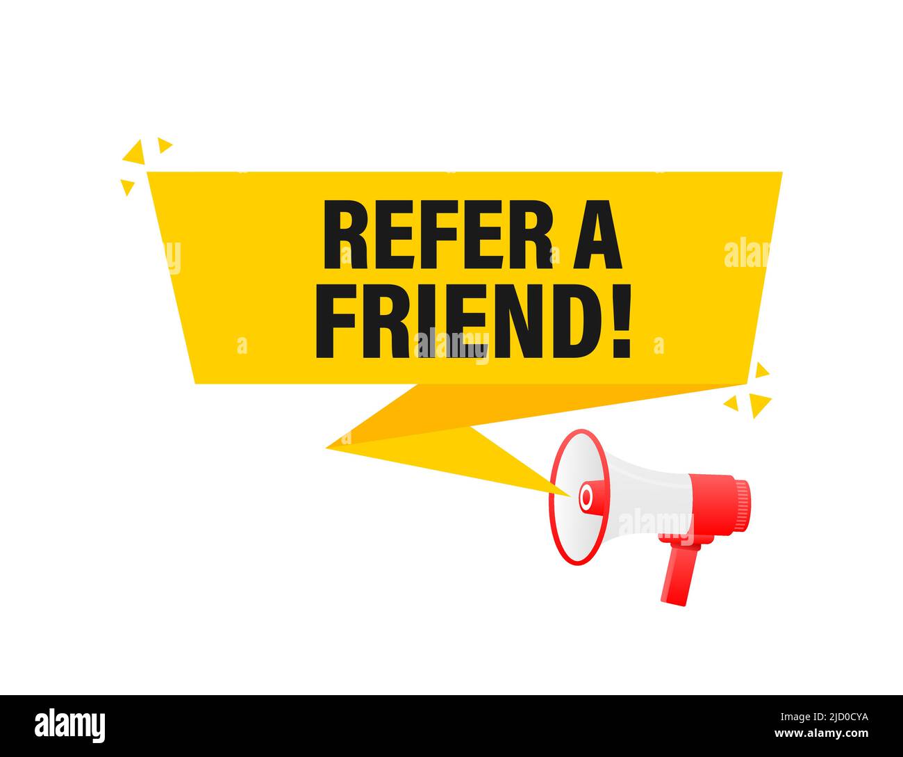 Refer a friend megaphone yellow banner in 3D style on white background ...