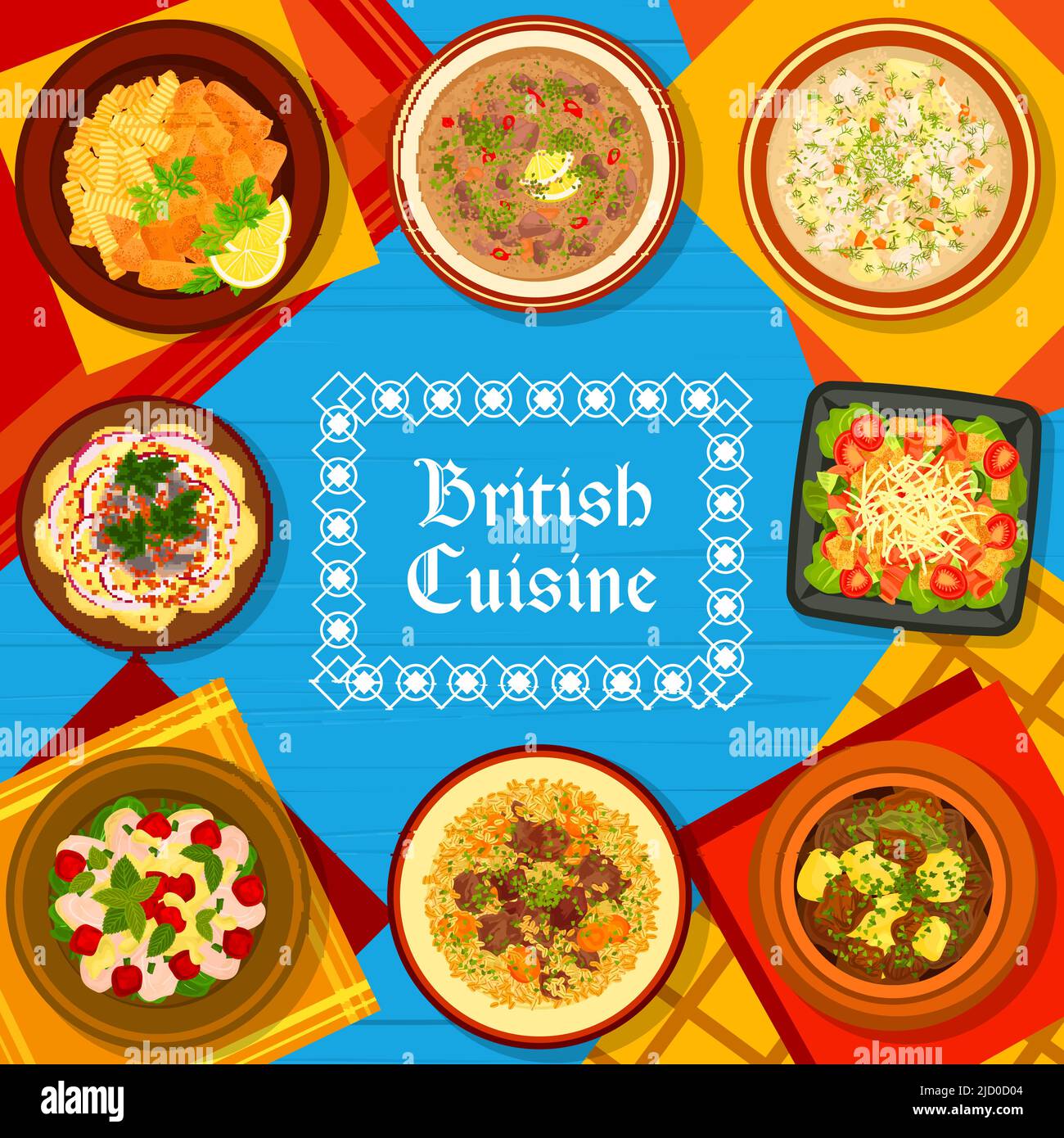 British cuisine menu cover. Irish chowder, Irish stew and salad with ...