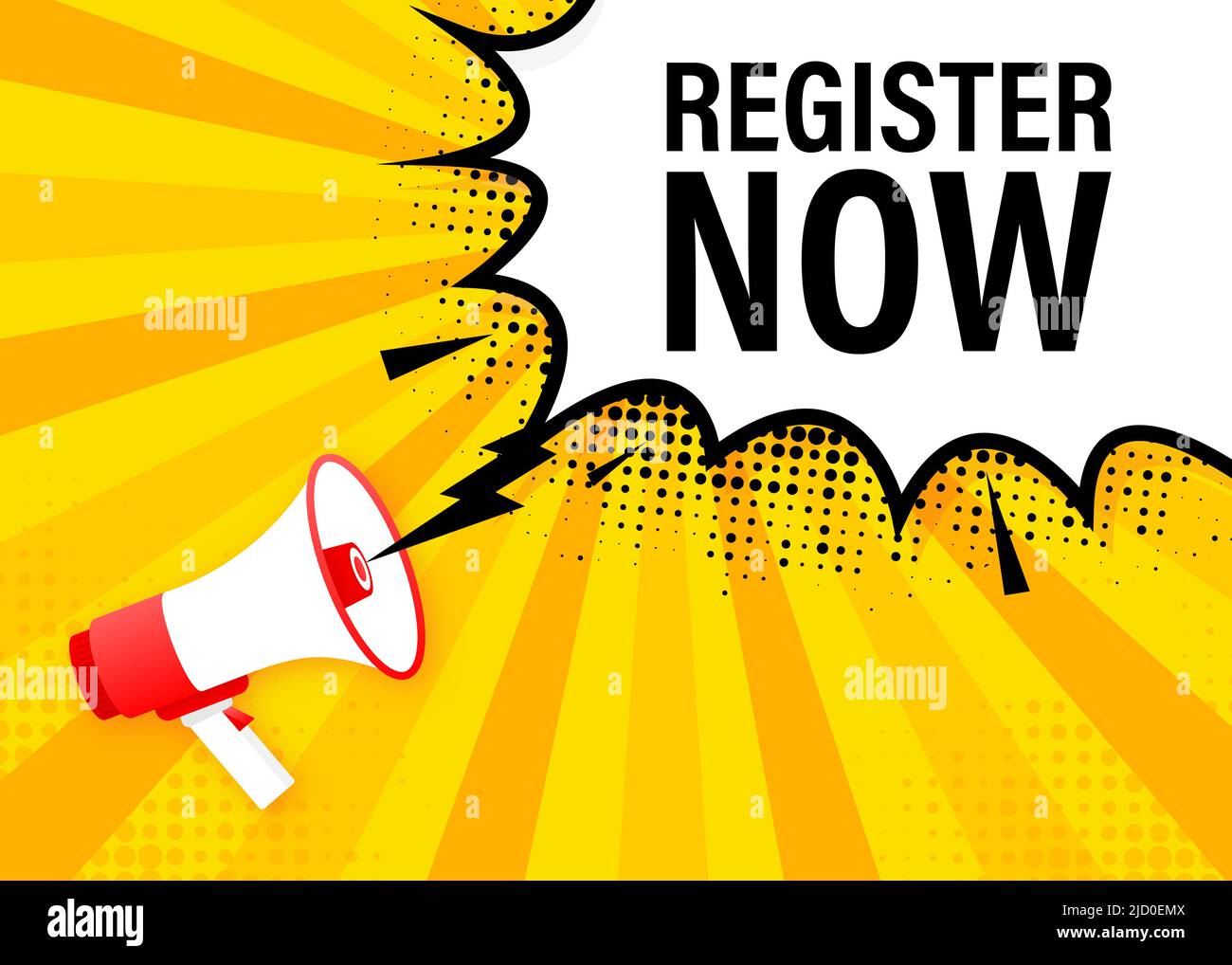 Yellow register now label in modern style on white background. Banner ...
