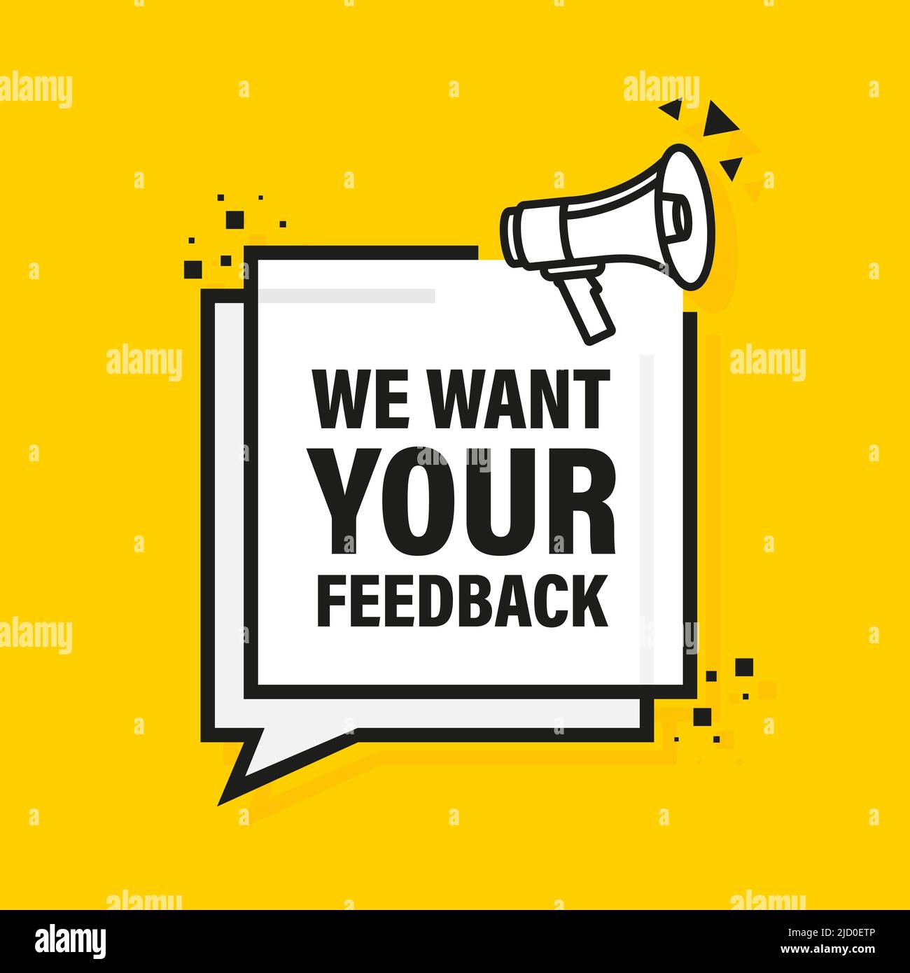 We want your feedback megaphone yellow banner in 3D style. Vector ...