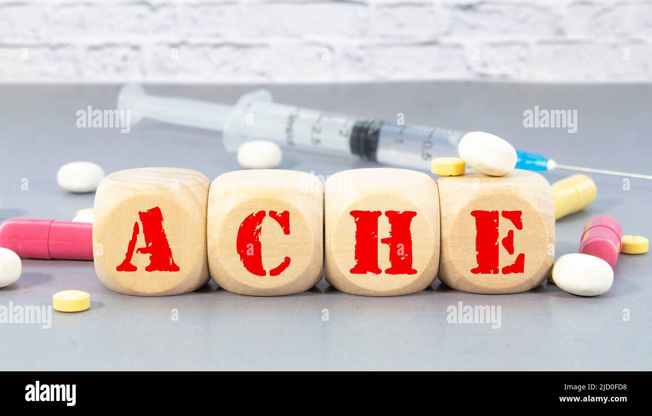 The word ache written with dices in front of a purple background with ...