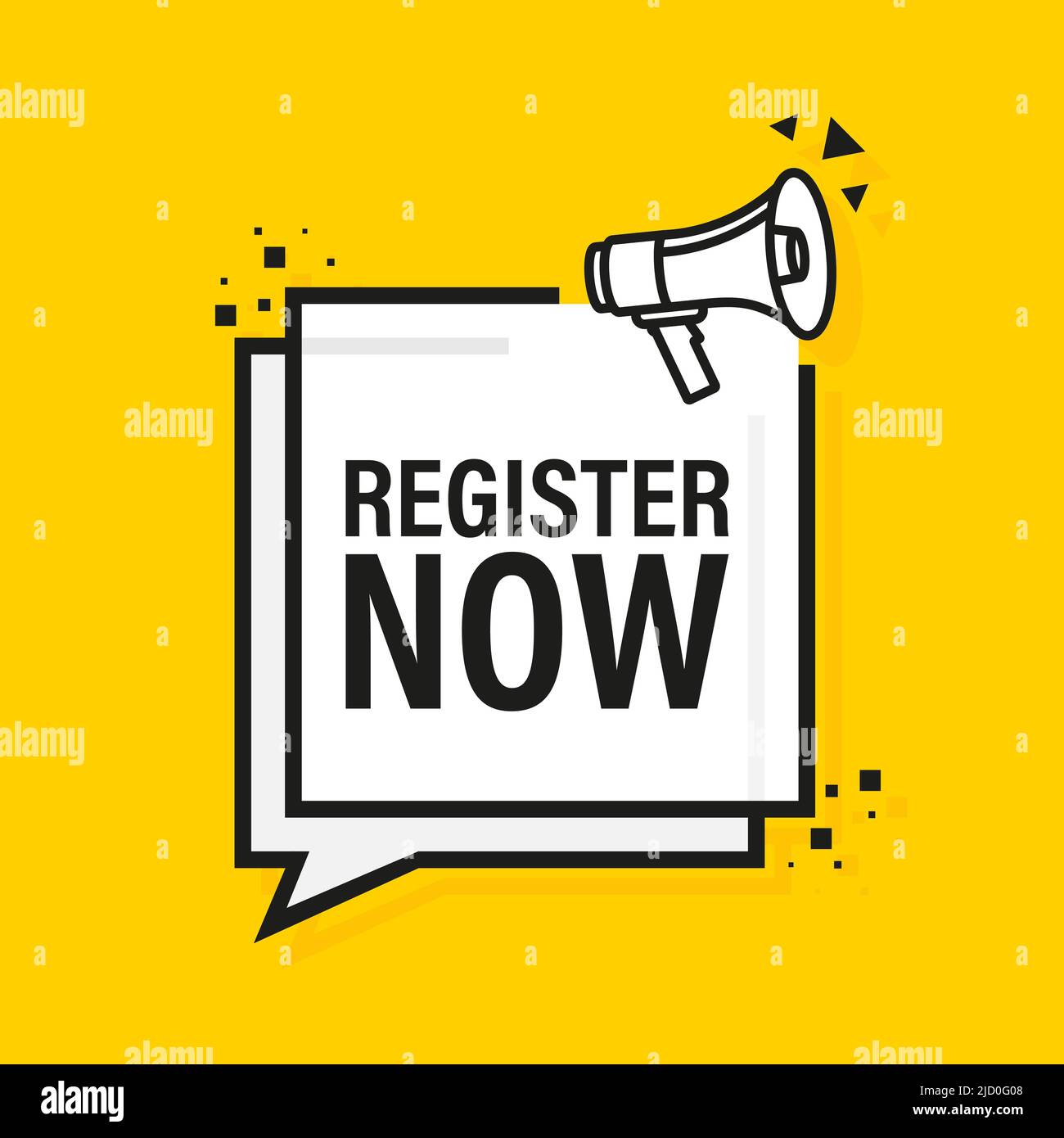 Yellow register now label in modern style on white background. Banner ...