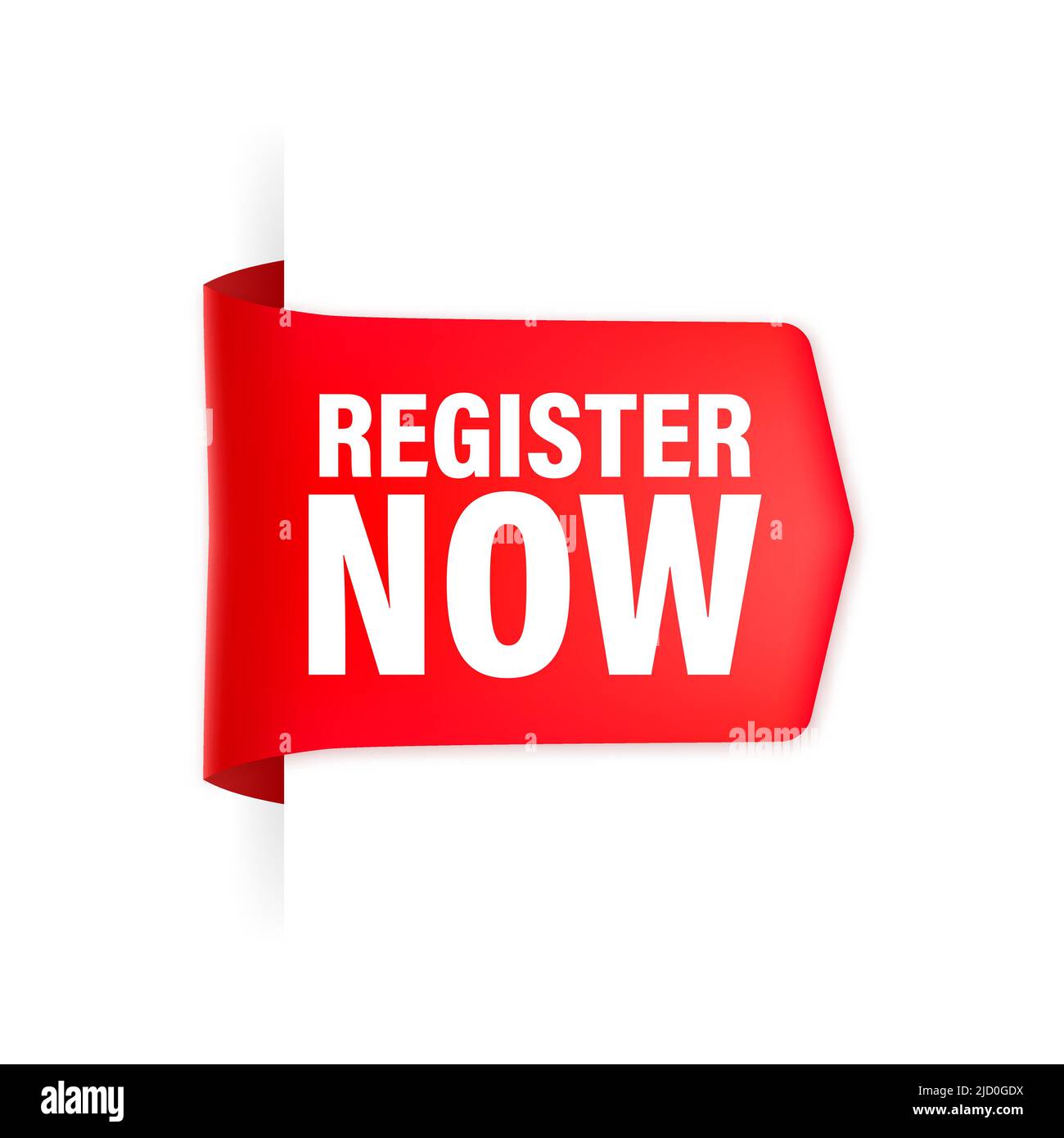 Red register now label in modern style on white background. Banner ...