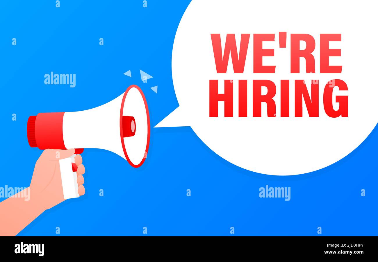 We are hiring megaphone blue banner in flat style. Vector illustration ...