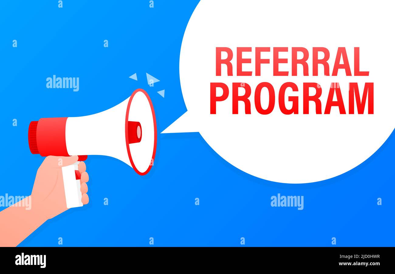 Referral program megaphone blue banner in flat style. Vector ...