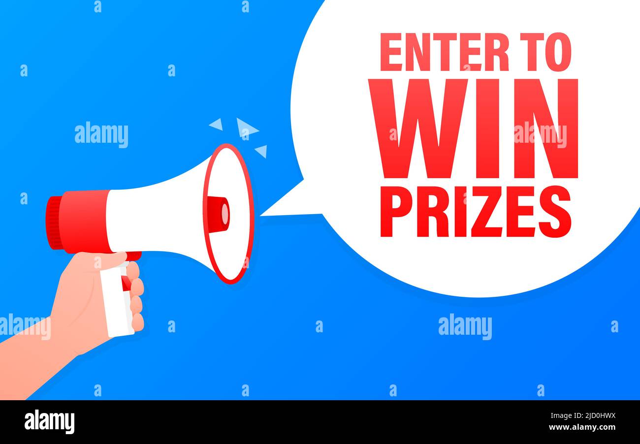 Enter to win prizes megaphone blue banner in 3D style. Vector ...