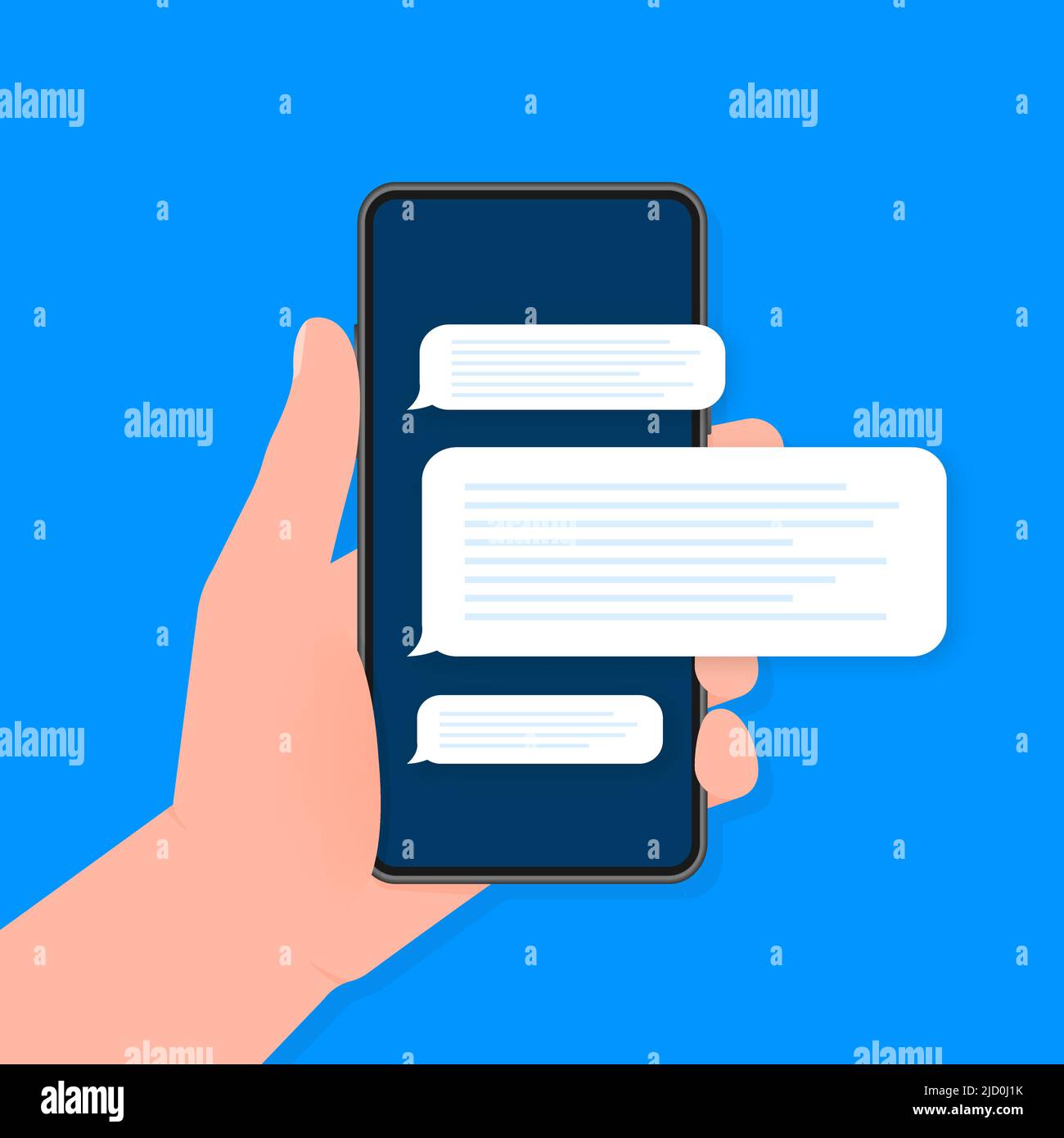 Hand holds phone with chat message on blue background. Vector ...