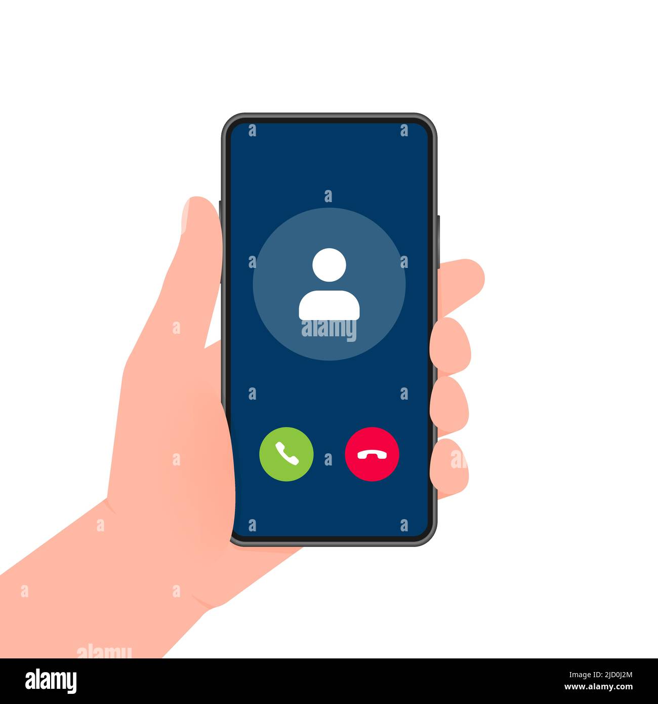 Hand holds phone with call Incoming video call on screen on white ...