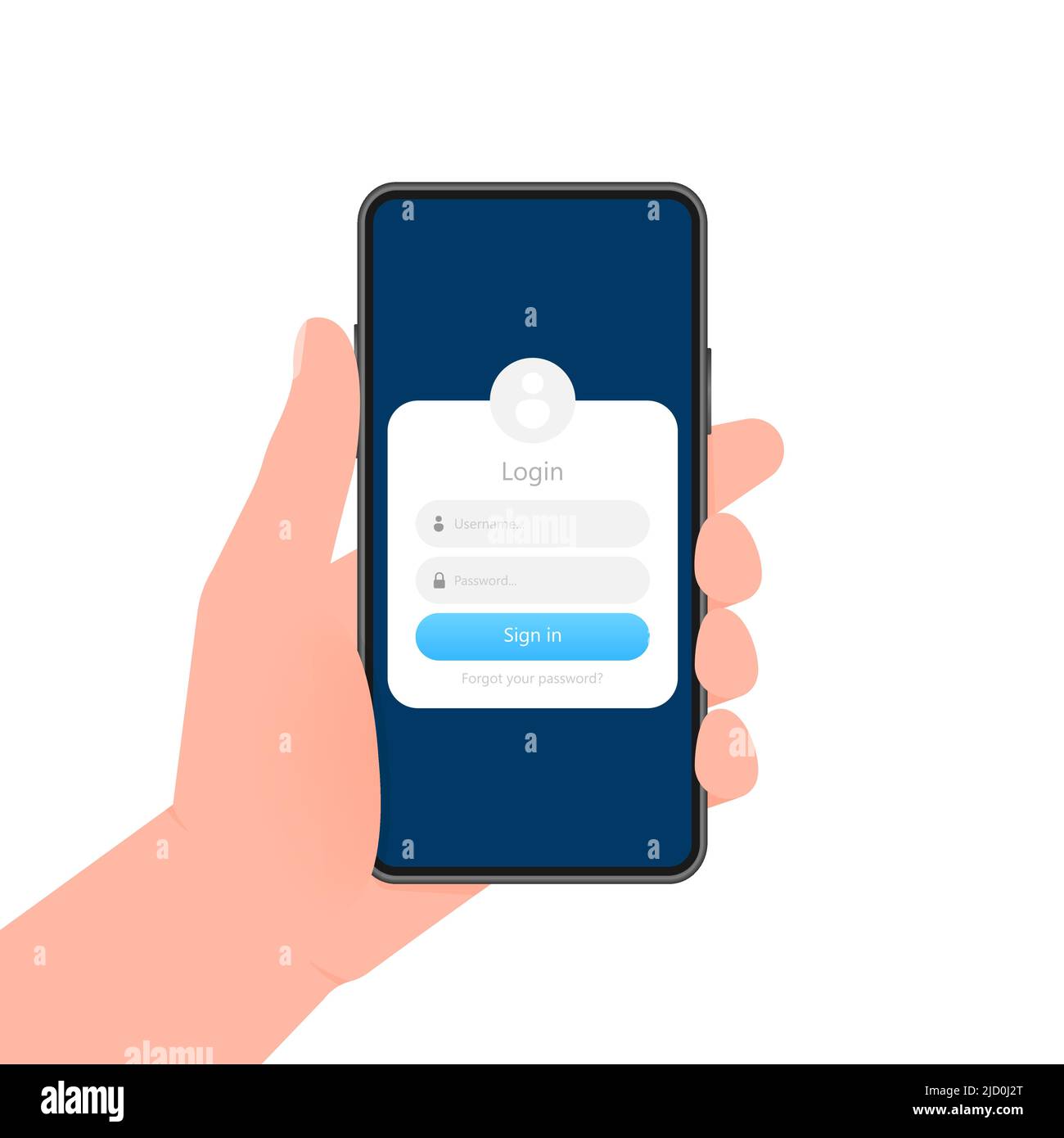Hand holds phone with sign up form window on screen on blue background ...