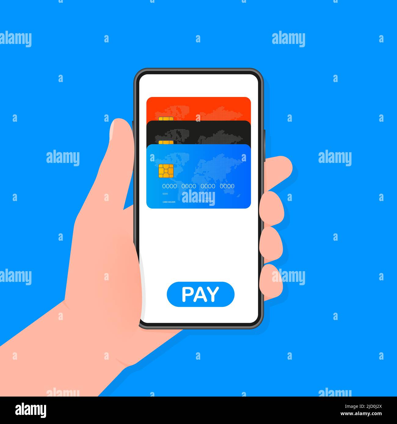 Hand holds phone with Contactless Payment Methods Mobile on blue ...
