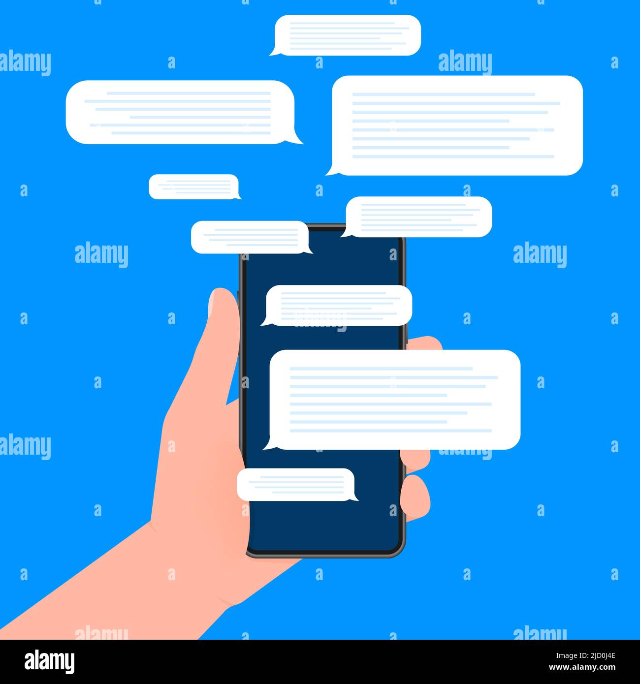 Hand holds phone with chat message on blue background. Vector ...