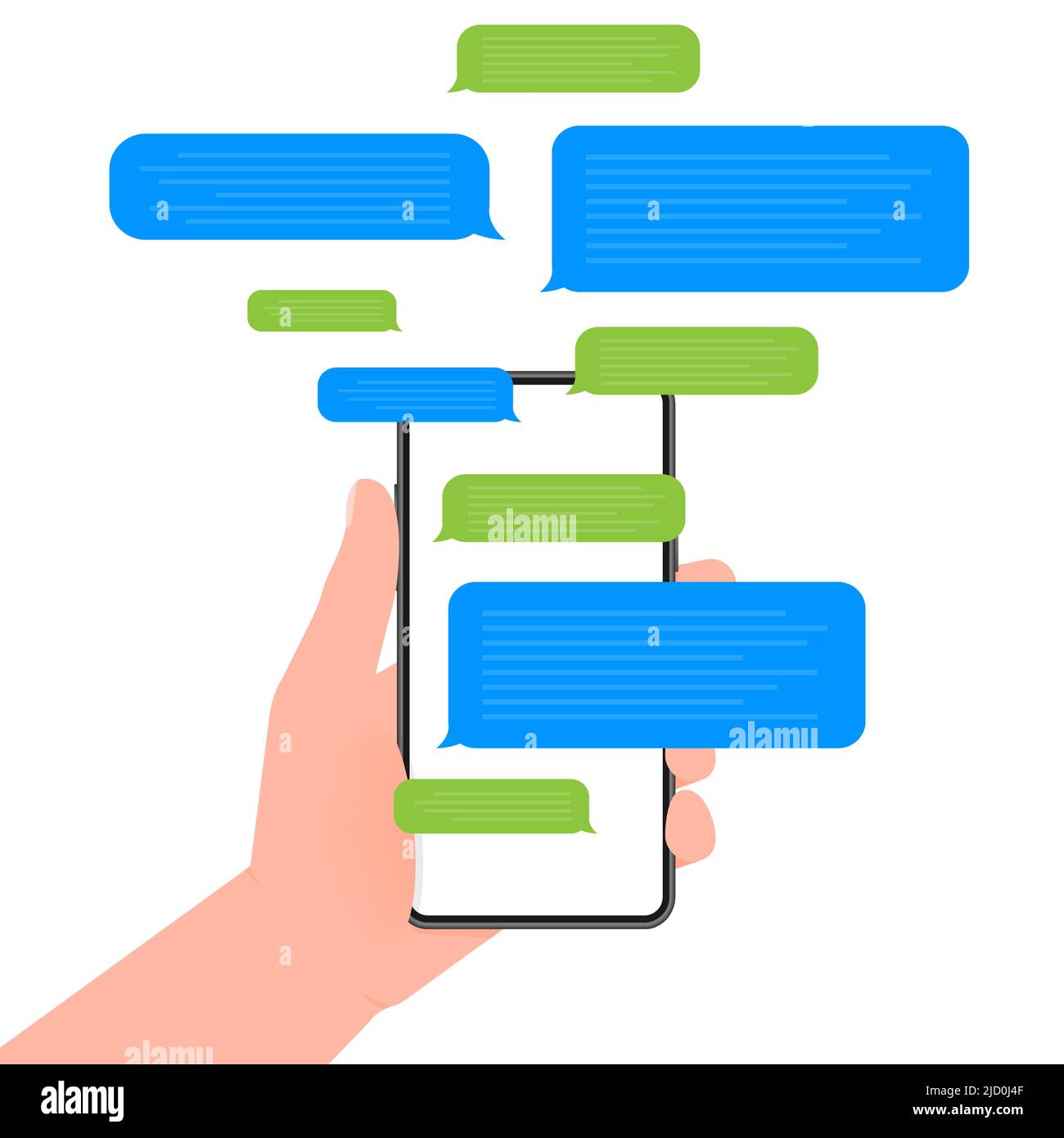 Hand holds phone with chat message on blue background. Vector ...