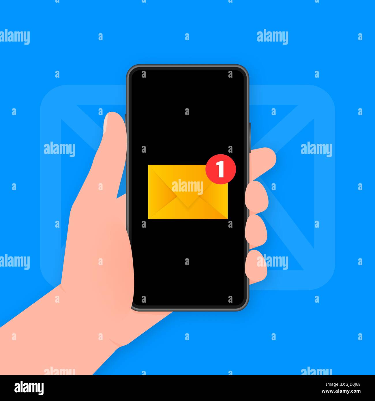 Hand holds phone with mail post new message on blue background. Vector ...