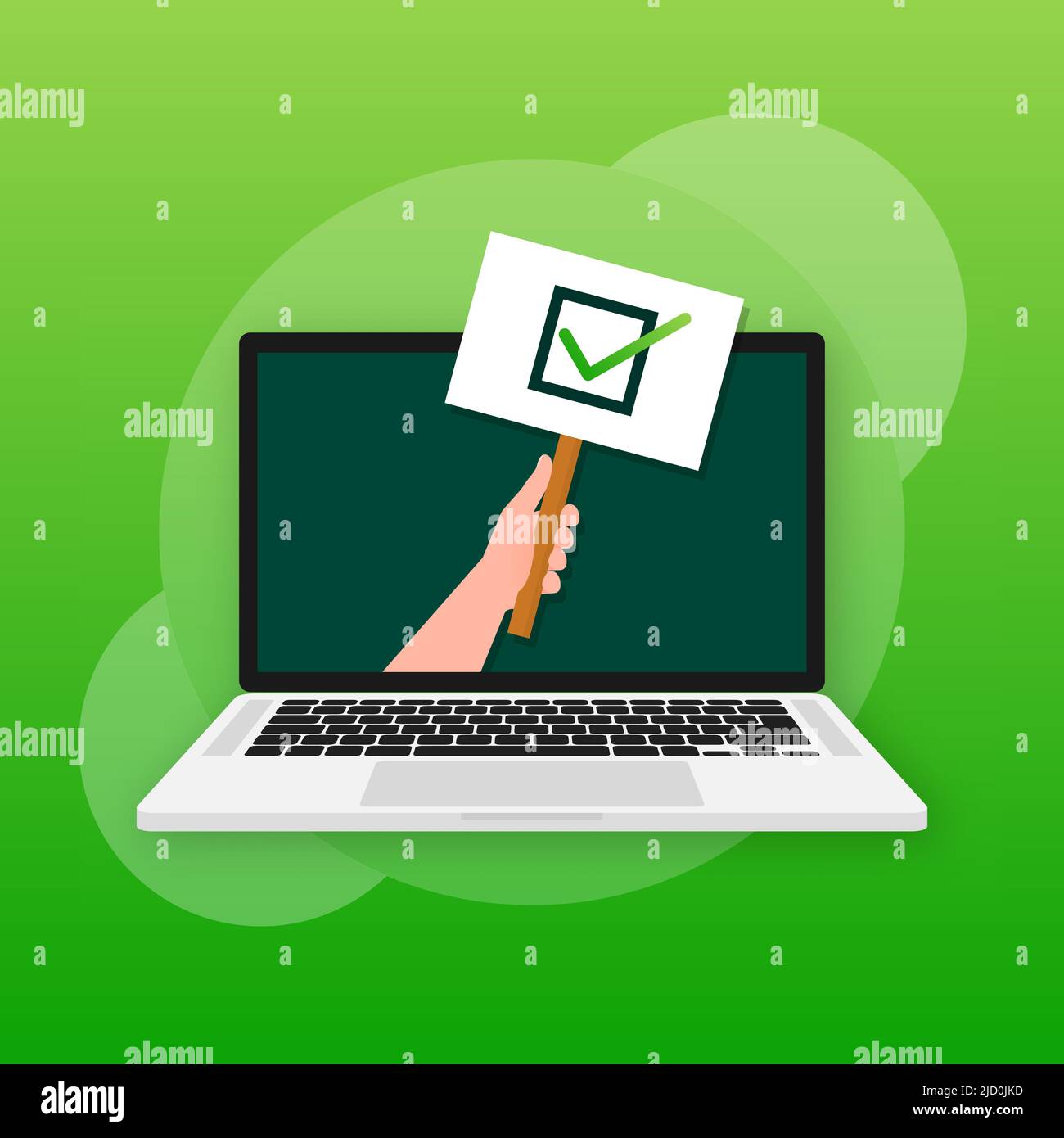 Laptop having approved tick notification, successful operation check ...