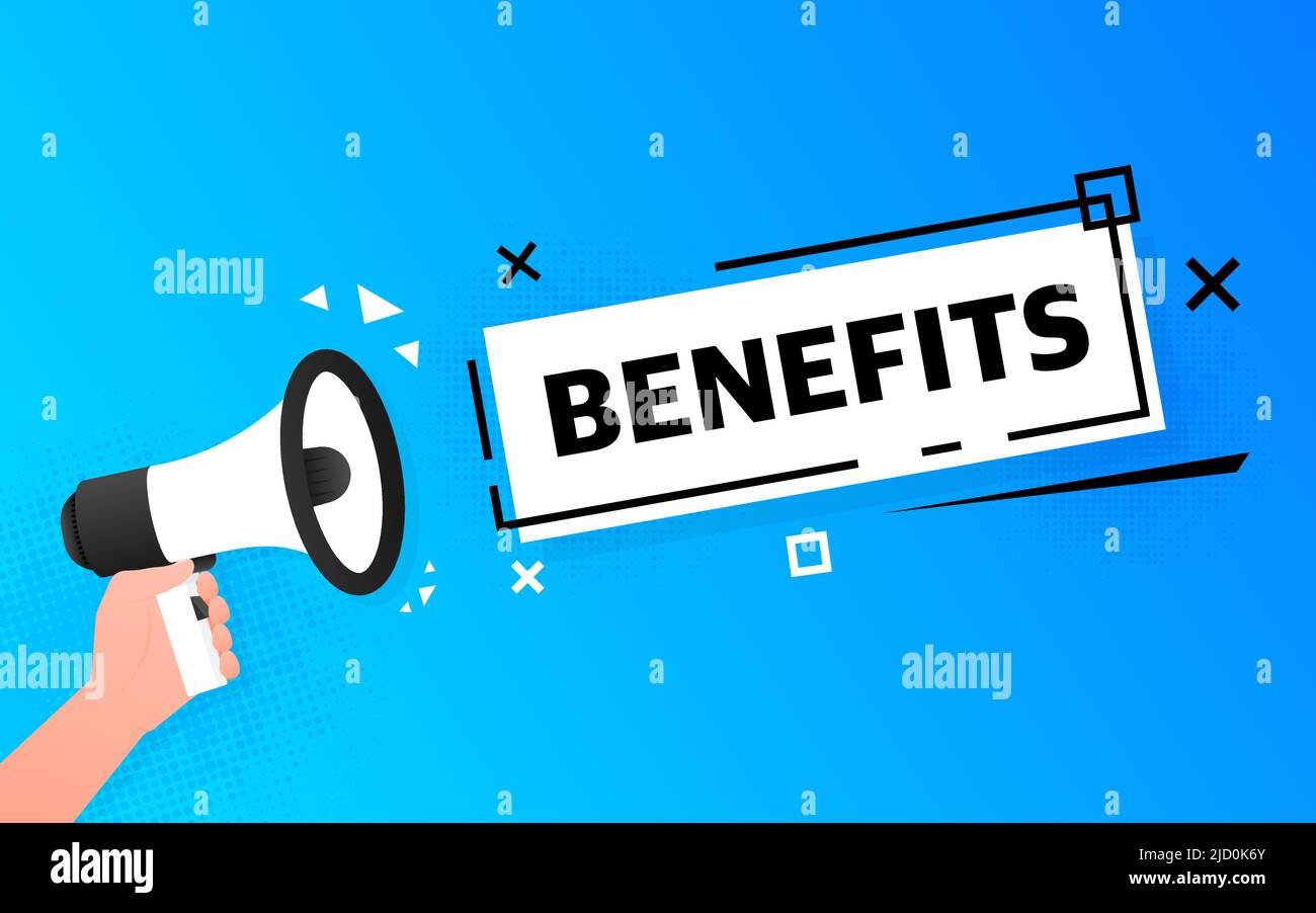 Megaphone blue banner with benefits sign. Vector illustration Stock ...