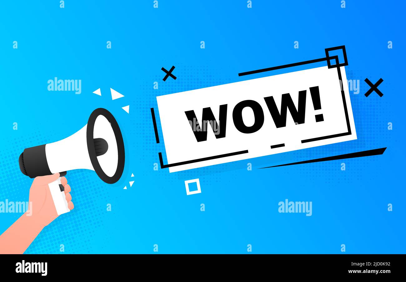 Megaphone blue banner with wow sign. Vector illustration Stock Vector ...
