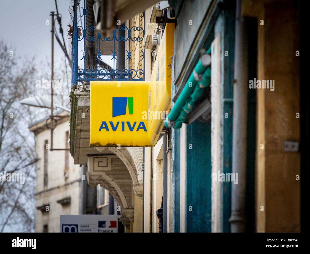 Picture of a sign with the logo of Aviva on their local insurance office in Bordeaux, France ...
