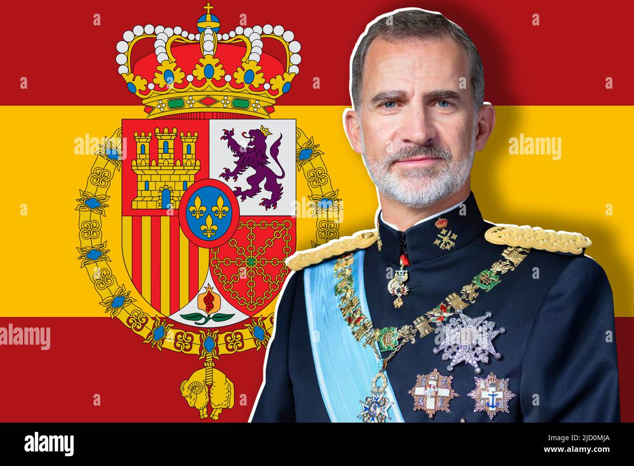 King Felipe VI of Spain, flag and coat of arms Stock Photo - Alamy